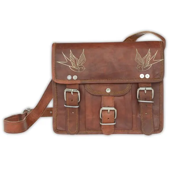 VIDA VIDA Leather Satchel With Swallow Tattoo - Brown