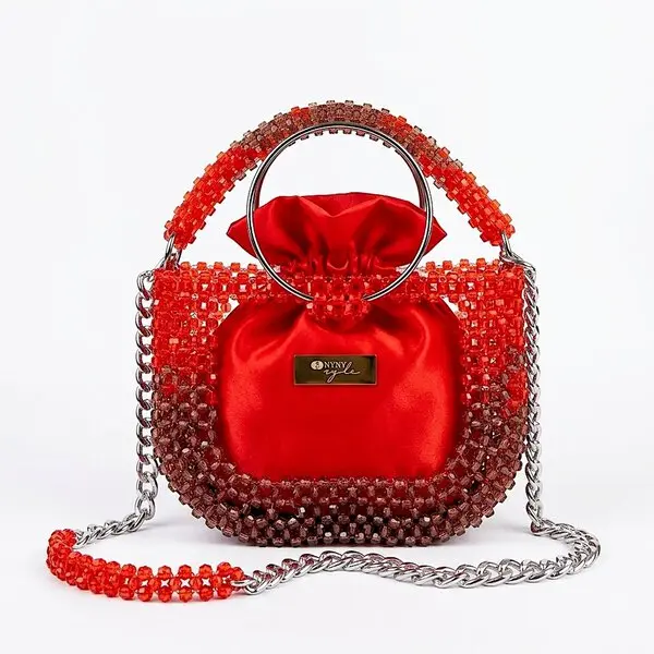 NYNY RYKE Half Moon, Beaded Mirror Elegant Purse - Red