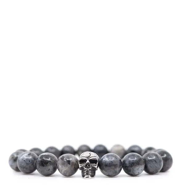 Shar Oke Grey / Silver Grey Larvikite & Skull Beaded Bracelet - Grey/silver
