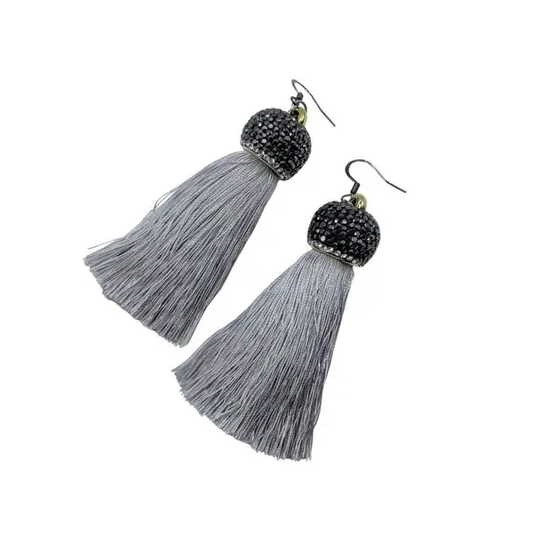 AMY DELSON JEWELRY Black / Grey Silky Silver Tassel Faceted Crystal Earrings - Black/grey