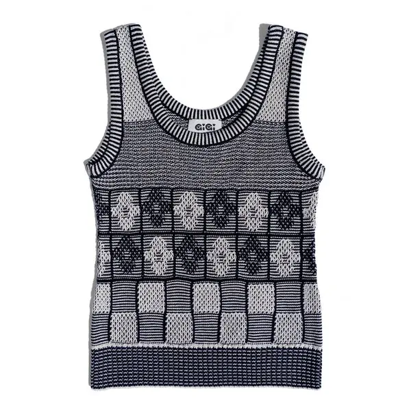GIGI KNITWEAR Lila Flower Check Tanktop, Navy & Ivory - Black