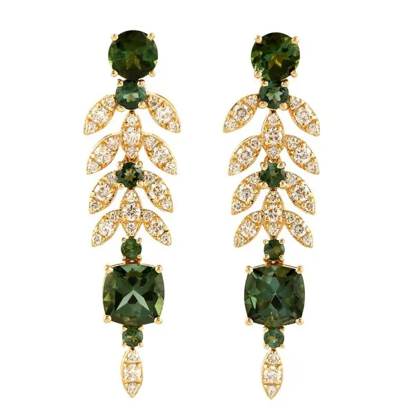 ARTISAN Green Tourmaline & Diamond Leaf Earrings In 18k Yellow Gold - White