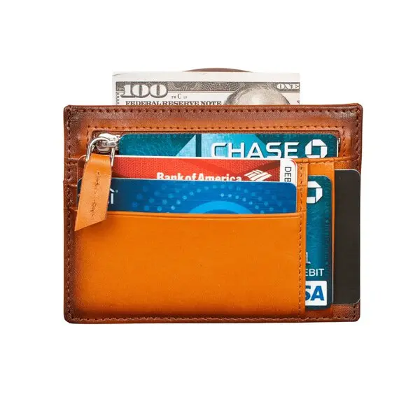 LEATHERE Vibrant Leather Card Holder With Zipper Pocket Caramel Concord - Brown