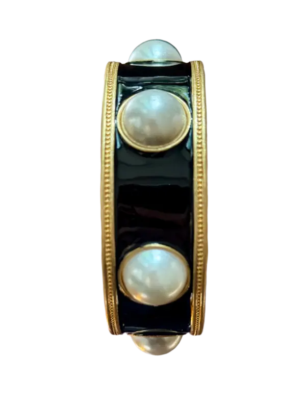 LAURA GRAY Enamel Faux Pearl Wide Gold Bangle - Black