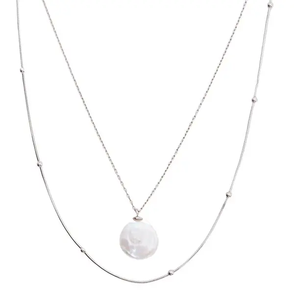 SPERO LONDON Baroque Flat Pearl Pendant & Italian Beaded Sterling Stacking Necklace Set - Silver