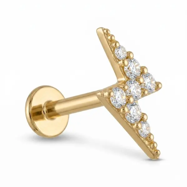 Zahav Jewelry 14k Solid 18g 8mm Lightning Bolt Internally Threaded Flat Back Stud