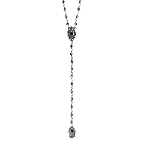 KARMA AND LUCK Silver / Grey Hematite Rosary Evil Eye Hamsa Necklace – Strength & Spiritual Protection Jewelry – Stand In Strength - Silver/grey