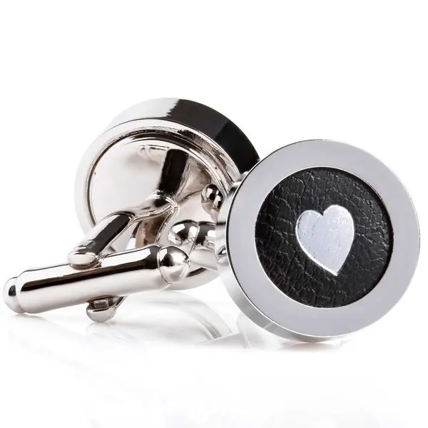 N'DAMUS LONDON Silver / Black Regent Black Leather Silver Heart Cufflinks - Silver/black