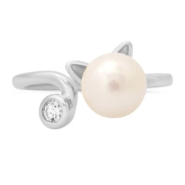 KYLIE HARPER Sterling Kitty Cat Pearl & Diamond Cz Ring - Silver