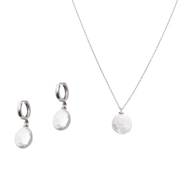 SPERO LONDON Baroque Flat Pearl Pendant Necklace & Earring Sterling Set - Silver