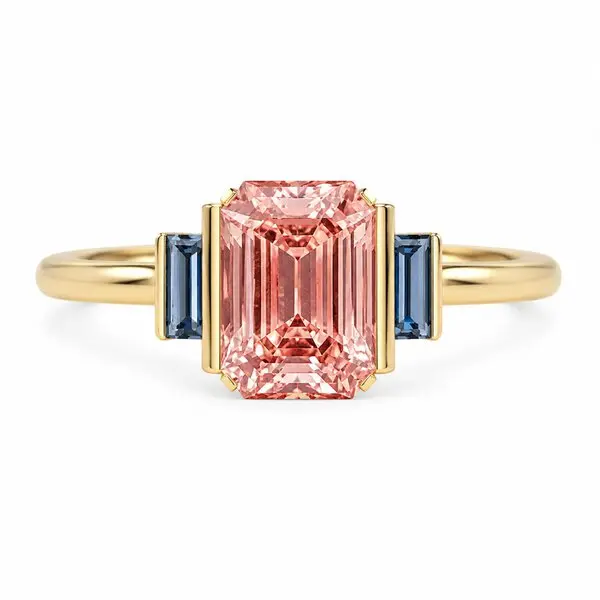 AYA FINE JEWELRY 2.37 Ctw Emerald Cut Pink Lab Diamond Three Stone Engaget Ring In 10k Gold With Blue Baguette Side Diamonds - Yellow