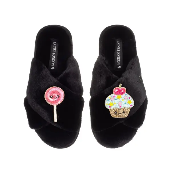 LAINES LONDON Embellished Faux Fur Slippers With Removable Brooches - Black