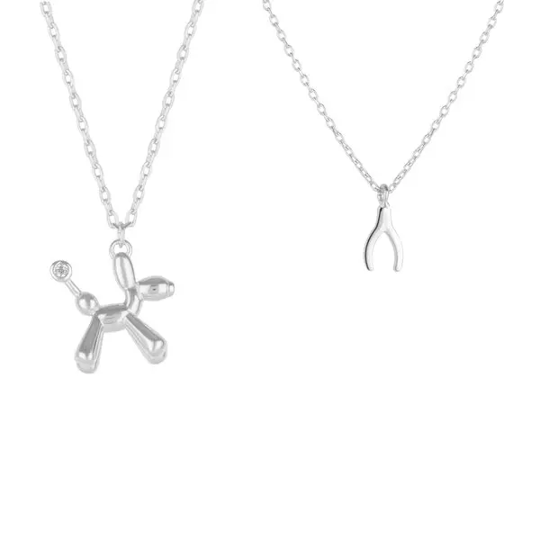 SPERO LONDON Balloon Dog Poodle & Wishbone Necklace Layering Set In Sterling - Silver