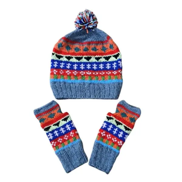 SPRINGMOONATELIER Handcrafted Wool Hat And Fingerless Gloves Mixed Color Dark - Gray