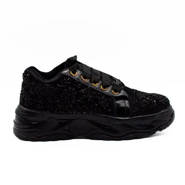 RETTROSE Diana Luxury Noir Satin Handmade Embellished Trainer - Black