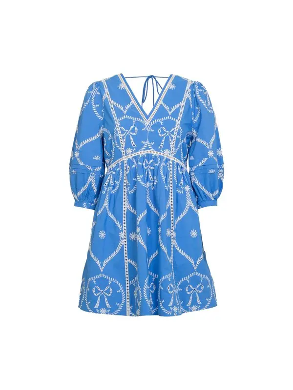 ROSE & NANCY Blue / White Charlie Embroidered Bow Blue Mini Dress - Blue/white