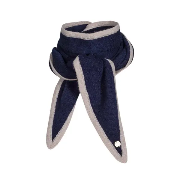 TIRILLM Ayla Small Neck Scarf In Soft Pure Cashmere, Navy With Beige Trimming - Blue