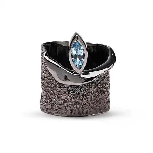 GERMAN KABIRSKI Silver / Black / Blue Eartha Iconic Design Black Rhodium Plated Silver Ring With Blue Topaz - Silver/black/blue