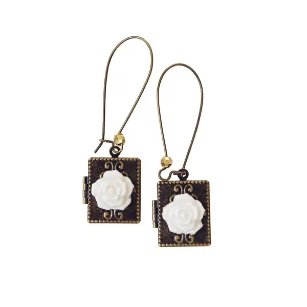 POPORCELAIN Classic Porcelain Rose On Vintage Book Locket Earrings - Brown