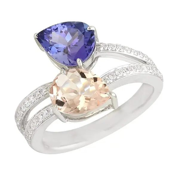 ARTISAN White / Blue Tanzanite & Mix Stone Diamond Bypass Ring In 18k White Gold - White/blue