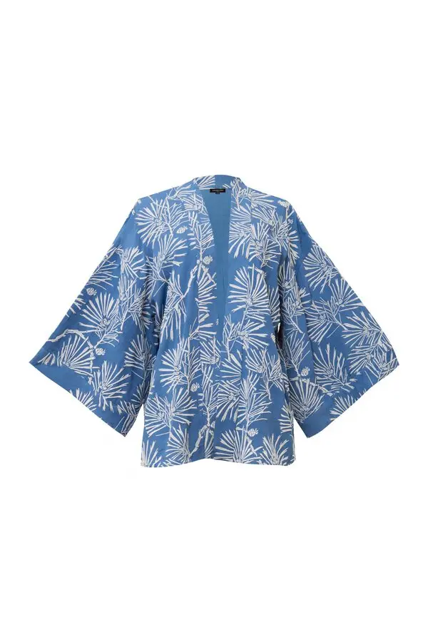 ARTEMIS MUSE Ivory Embroidered Japanese Pine Needles Short Fully Lined Kimono - Blue