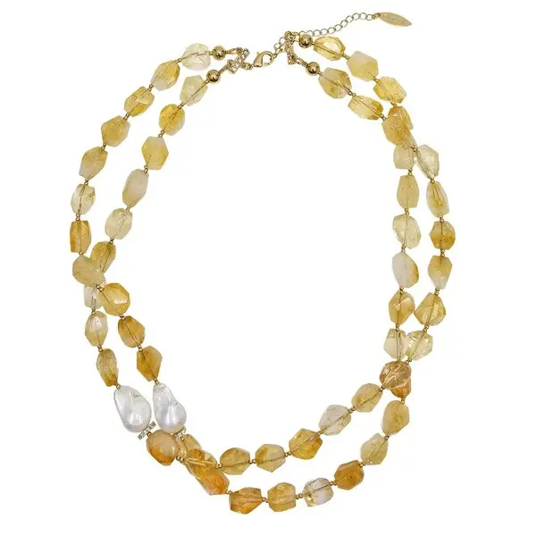 FARRA Faceted Citrine With Baroque Pearls Double Layers Necklace
