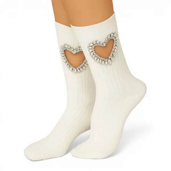 HIGH HEEL JUNGLE BY KATHRYN EISMAN Gem Crystal Heart Sock - White