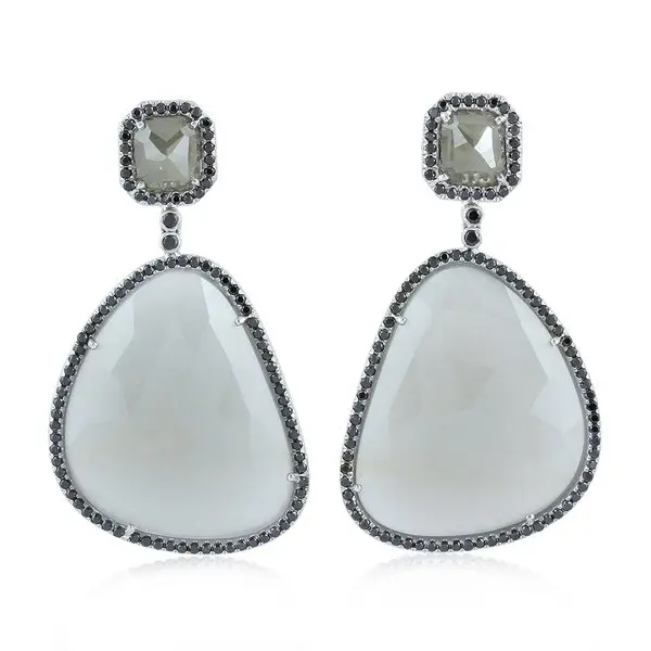 ARTISAN White / Black Moonstone & Black Diamond Drop Earrings In 18k White Gold - White/black