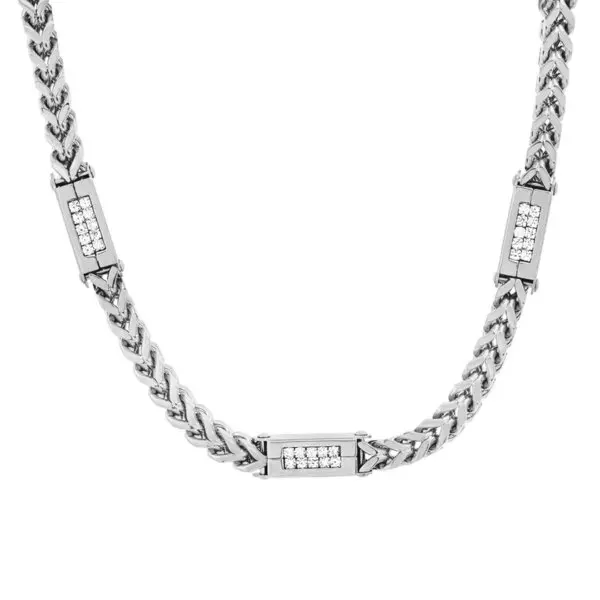 STEELTIME Stainless Steel 8mm Wheat Chain Necklace With Cz Links 24 Inch - Silver