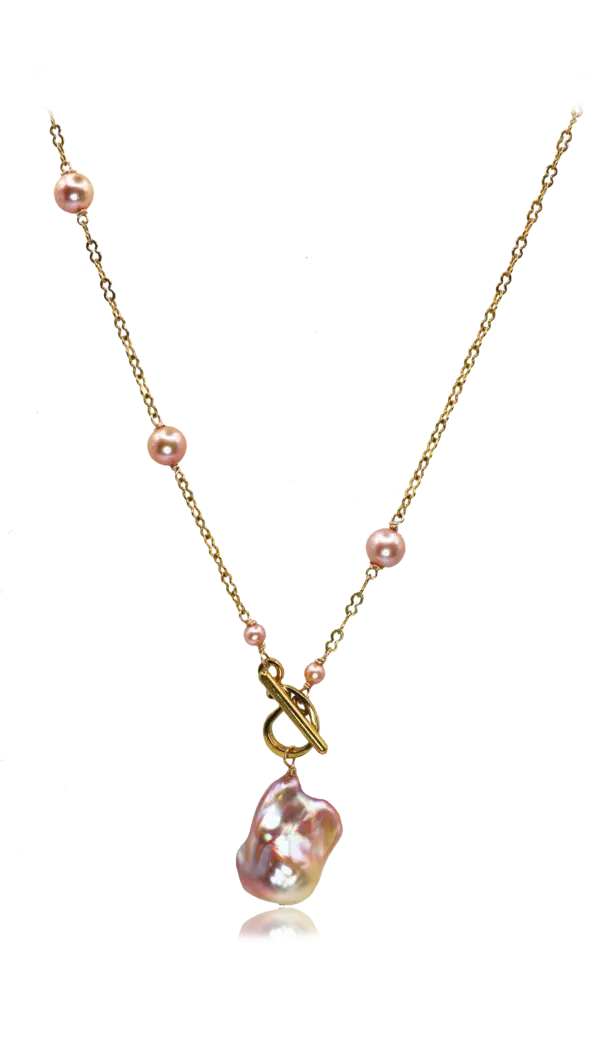 MARQUISE SWIM Necklace Asym Pearl & Gold T-bar - Pink