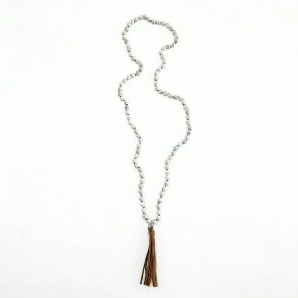HEATHER HAWKINS Talulah Belle Gemstone Beaded Long Necklace With Saddle Tassel Howlite - White