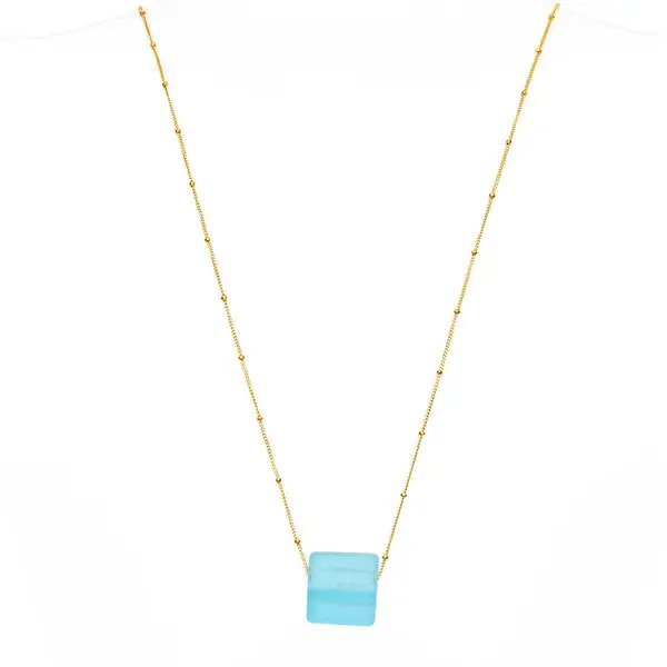 SMART GLASS JEWELRY Recycled Gin Bottle Cube Necklace Gold Fill Aqua - Blue