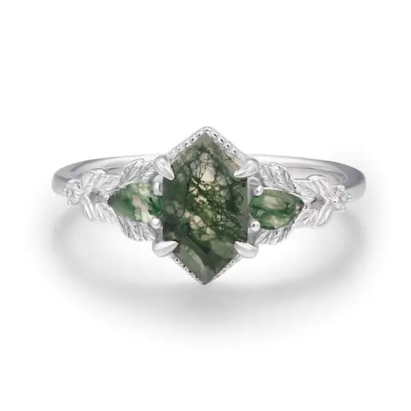AZURA JEWELRY NEW YORK Gardenia Moss Agate Ring White Gold Vermeil - Silver