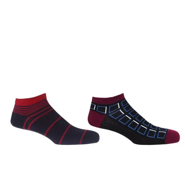 PEPER HAROW - MADE IN ENGLAND Retro Stripe Burgundy & Cube Trainer Socks Bundle - Black