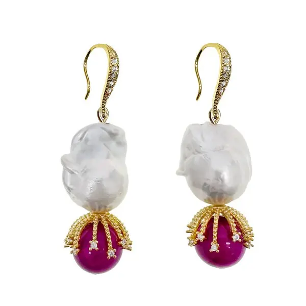FARRA White / Pink Baroque Pearls And Magenta Gemstone Earrings - White/pink