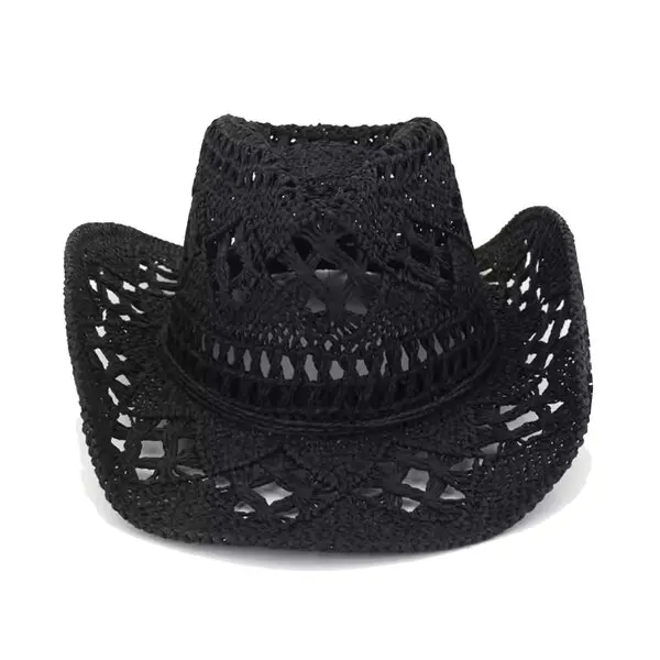 CHANEL JOAN ELKAYAM Handmade Natural Straw Western Cowboy Hat - Black