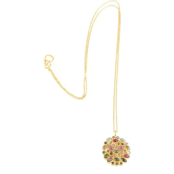 OPIUM JEWELS Jali Pendant Necklace Cabochon Tourmalines - Gold