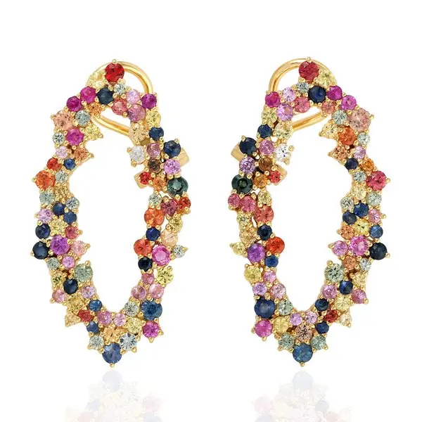 ARTISAN Multi-color Sapphire Gemstone Oval Earrings In 18k Yellow - Gold