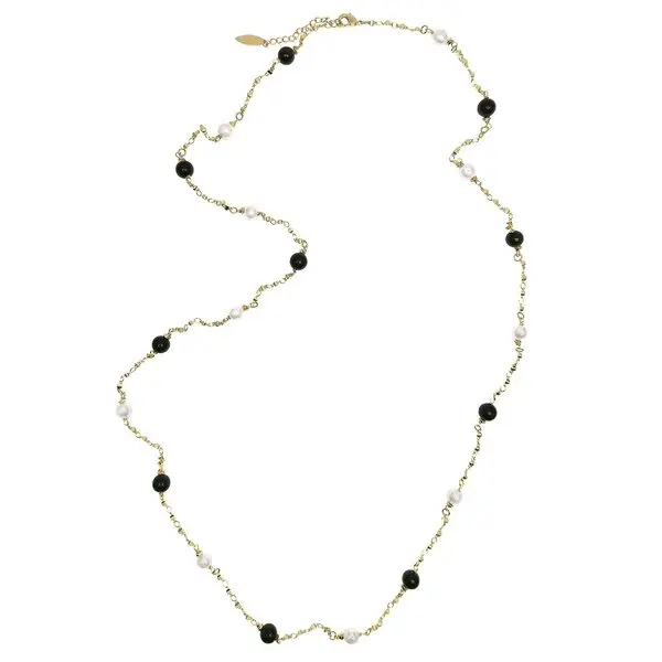 FARRA Obsidian And White Pearls Long Necklace - Black