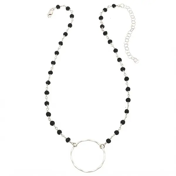 HEATHER HAWKINS Large Hammered Circle Necklace Sterling Silver Spinel - Black