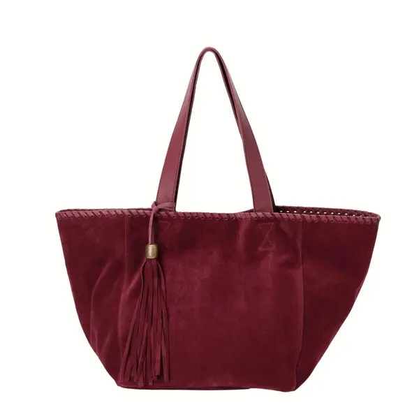 JUAN-JO Suede Tote Bag Leather Trim And Tassel -burgundy - Red
