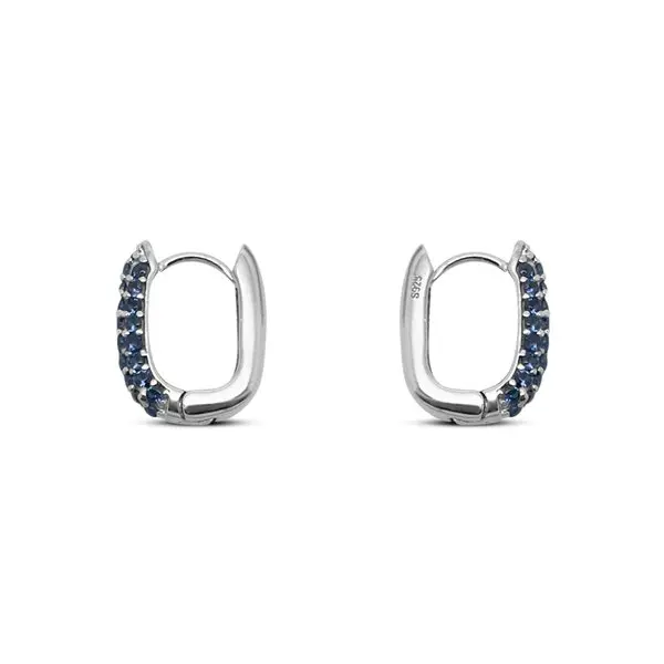 CLEMENCE WREN Silver / Blue Oval Pave Gemstone Silver Huggie Earrings Sapphire Blue - Silver/blue
