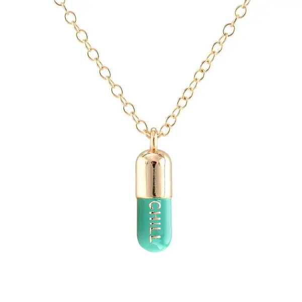 Kris Nations Green / Blue Chill Pill Enamel Necklace Gold Filled & Turquoise Enamel - Green/blue