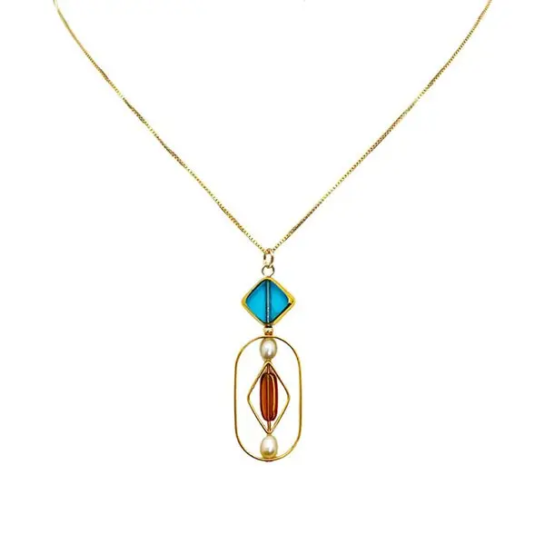 ARACHELI STUDIO Geometric Art X Pearls Chain Necklace - Blue