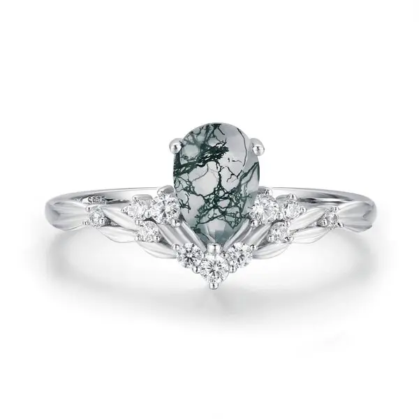 AZURA JEWELRY NEW YORK Angelique Tulip Moss Agate Ring White Gold Vermeil - Silver