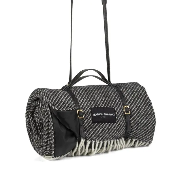 HEATING & PLUMBING LONDON Pure New Wool Picnic Blanket The Members' Club Long Leather Strap - Black