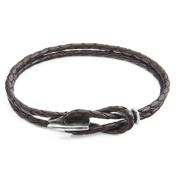 ANCHOR & CREW Brown / Silver Dark Brown Padstow Silver & Braided Leather Bracelet - Brown/silver