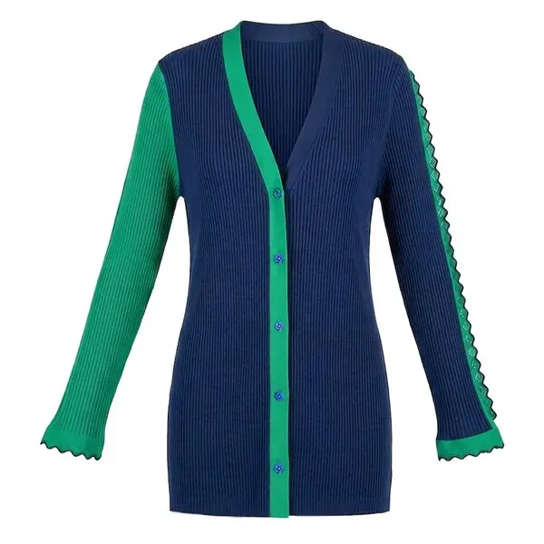 ARTO. Lace Trims Contract Ribbed Knit Cardigan - Green