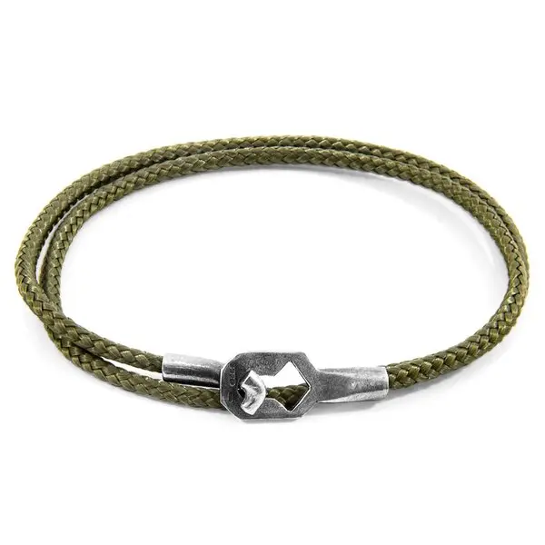 ANCHOR & CREW Silver / Green Khaki Green Tenby Silver & Rope Bracelet - Silver/green