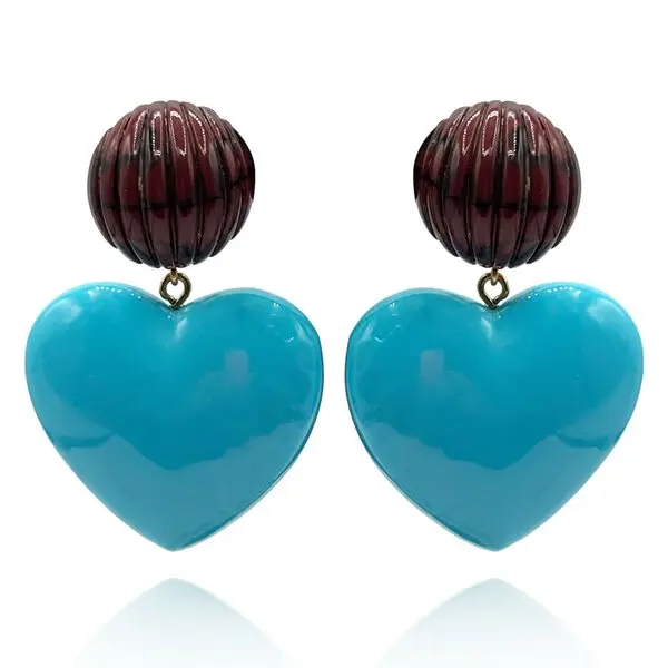 MICHAEL NASH JEWELRY Blue / Brown Amour Carved Tortoise Pierced Resin With Turquoise Heart Drop - Blue/brown